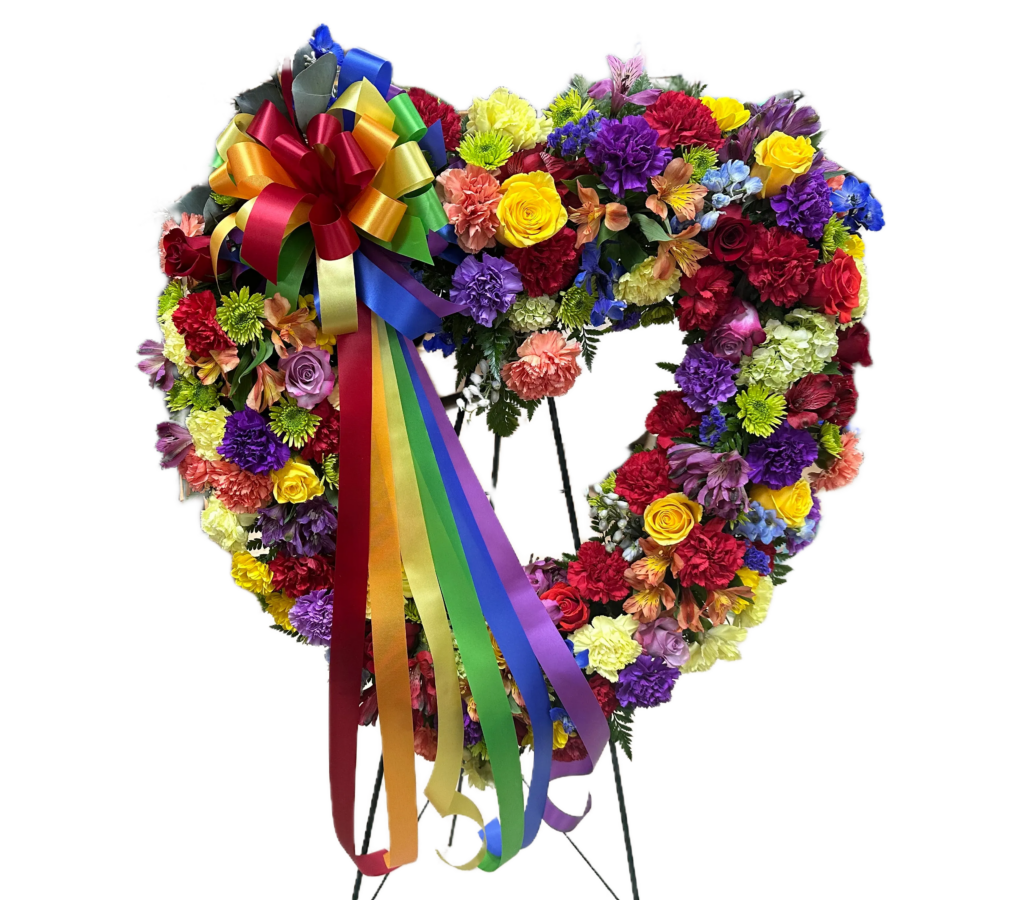 Rainbow Heart Standing Spray - Johnson Funeral Home Rocky Mount