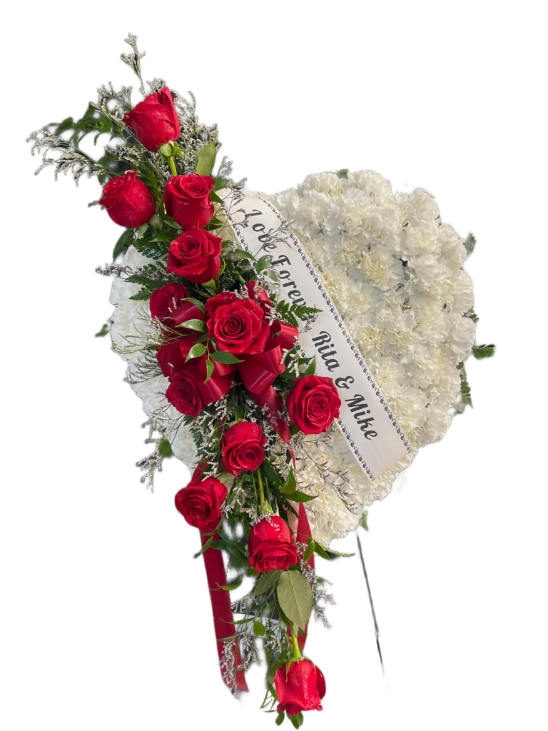 White Closed Heart Standing Spray - Johnson Funeral Home Rocky Mount